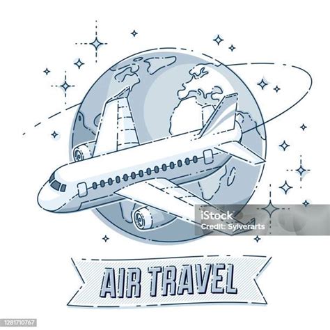 비행기 여객기 행성 지구 리본타이핑이 있는 항공 여행 엠블럼 또는 일러스트레이션 흰색 배경 위에 격리 된 아름다운 얇은 선 벡터
