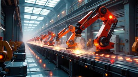 Industrial Automation Robotic Arms On An Assembly Line Stock