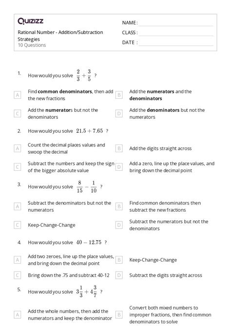 50 Subtraction Strategies Worksheets For 7th Year On Quizizz Free And Printable