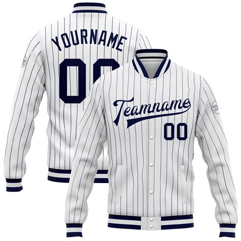 Custom White Navy Pinstripe Navy White Bomber Full Snap Varsity