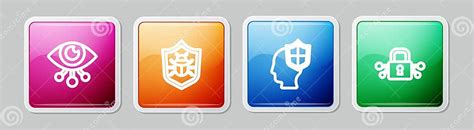 Set Line Eye Scan System Bug Head With Shield And Cyber Security Colorful Square Button Stock