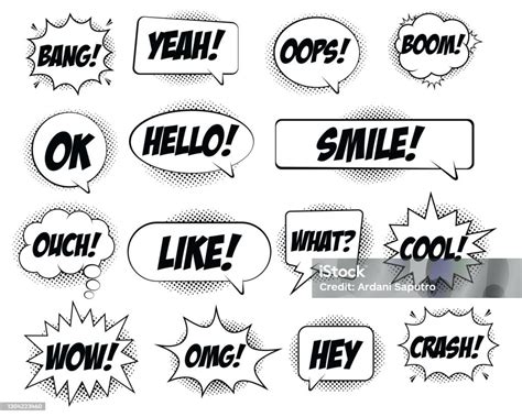 흰색 배경에 설정 만화 연설 거품 표현 텍스트 뱅 예 죄송합니다 붐 안녕하세요 미소 오 좋아 좋아 무엇 멋진 와우 이봐 충돌