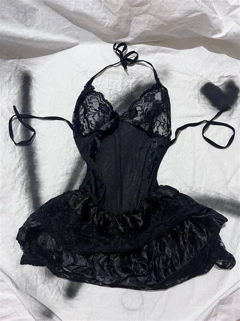 Black Lace Puffy Skirt Slip Dress Lingerie Womens Fashion Dresses