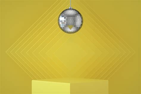 빈 연단 받침대 쇼케이스 노란색 배경에 디스코 볼 제품 스탠드 3차원 형태에 대한 스톡 사진 및 기타 이미지 3차원 형태