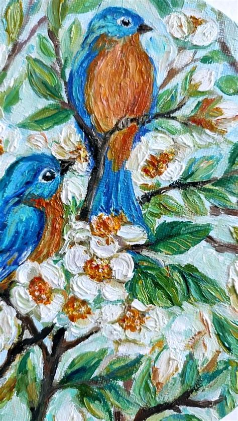 Картина Птицы на ветвях дерева Солнечная картина Масляными красками в ...