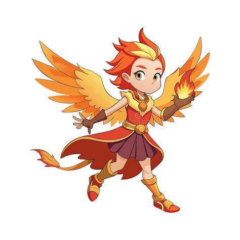 Cute Cartoon Phoenix Girl Character With Fire Wings And Fiery Hair