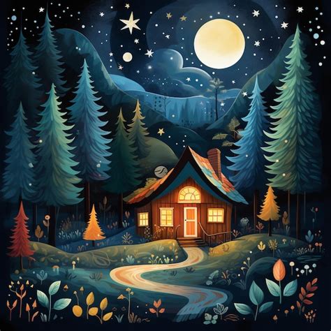 Premium Photo There Is A Small Cabin In The Woods At Night Generative Ai