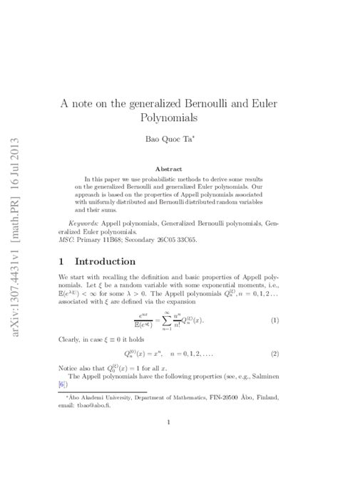 Pdf A Note On The Generalized Bernoulli And Euler Polynomials
