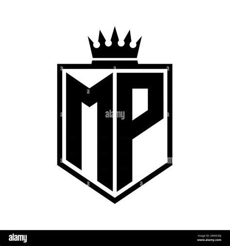 Mp Letter Logo Monogram Bold Shield Geometric Shape With Crown Outline Black And White Style
