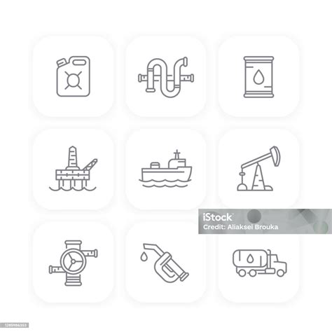 석유 산업 라인 아이콘 석유 가스 생산 플랫폼 리그 데릭 유조선 가솔린 노즐 가솔린 캔 배럴 벡터 일러스트 가솔린에 대한 스톡 벡터 아트 및 기타 이미지 Istock