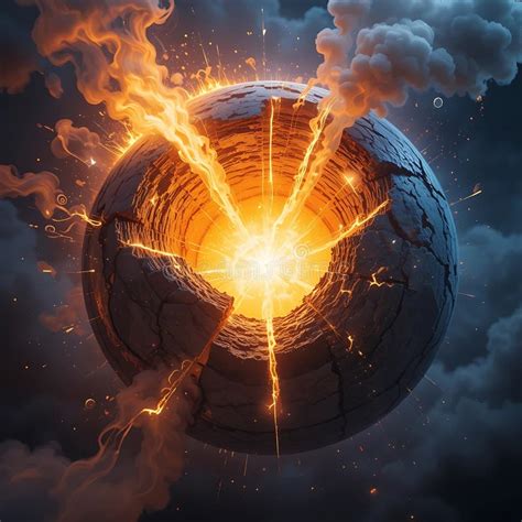 Fiery Cosmic Explosion Shattered Planet Core With Intense Flames And Smoke Stock Illustration