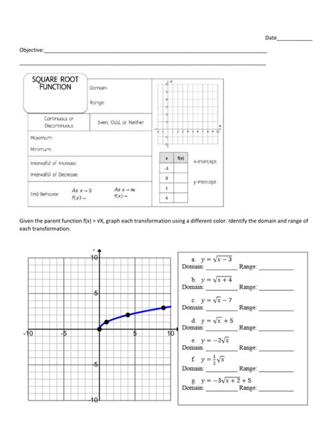 Square Root Function Transformations Worksheet