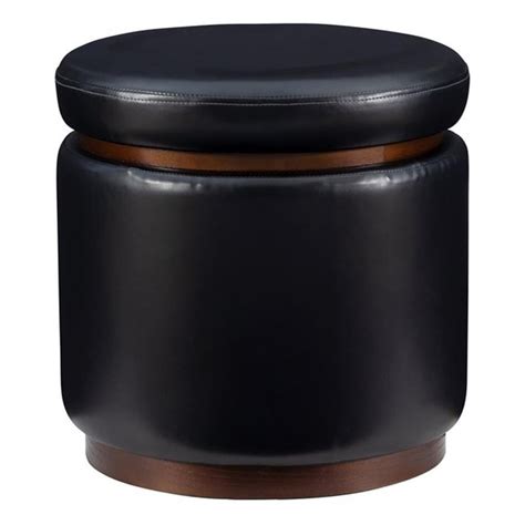 Linon Hawn Round Padded Storage Ottoman Dark Wood Trim In Black Faux