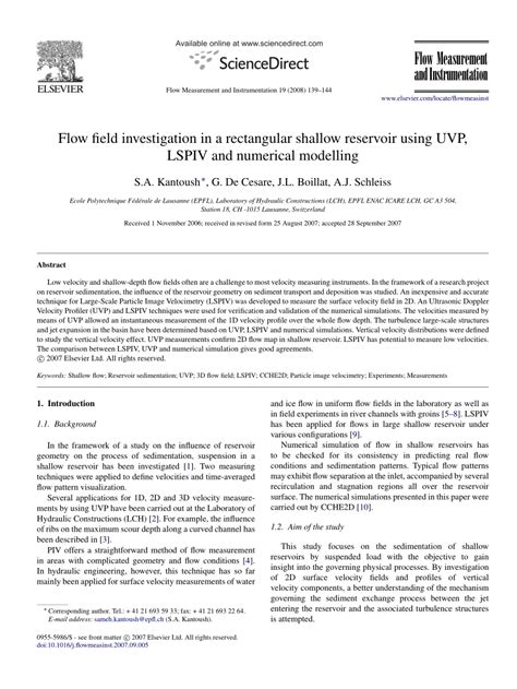 Pdf Flow Field Investigation In A Rectangular Shallow Reservoir Using Uvp Lspiv And Numerical