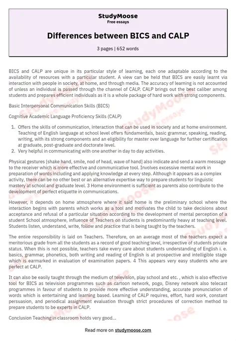 Differences Between BICS And CALP Free Comparison Essay Example Compare And Contrast Paper