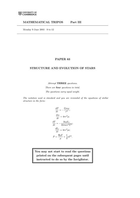 Structure And Evolution Of Stars Math Tripos Past Exam Paper Docsity