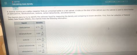 Solved O Matter Calculating Mass Density A Chemist Working