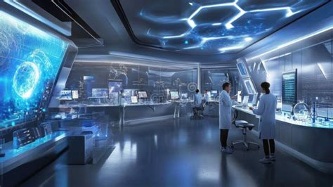 Futuristic Scientists Collaborate in a High-tech Laboratory, Analyzing Data on Holographic ...