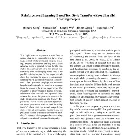 reinforcement learning based text style transfer without parallel training corpus acl anthology