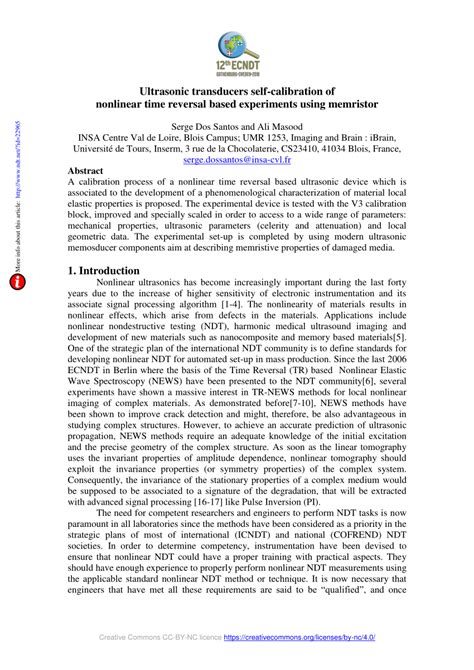 Pdf Ultrasonic Transducers Self Calibration Of Nonlinear Time Reversal Based Experiments Using