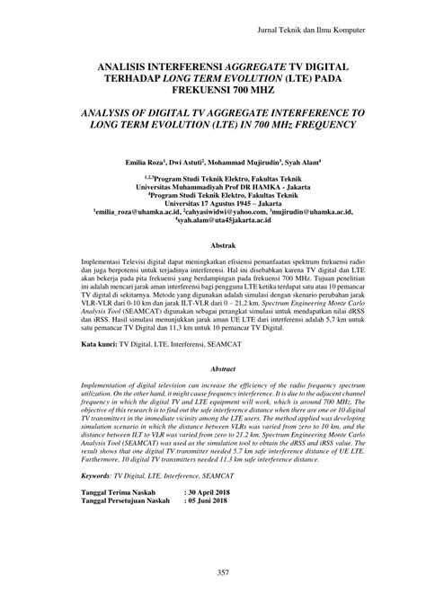Pdf Analisis Interferensi Aggregate Tv Digital Terhadap Long Term Evolution Lte Pada