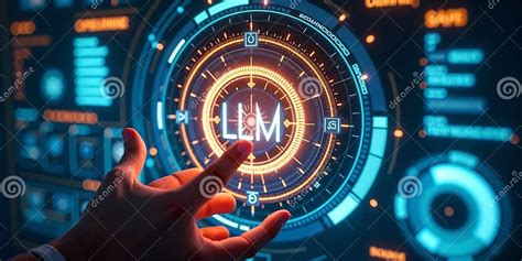 Hand Touching Glowing Llm Icon And Business Analytics Interface Stock Illustration