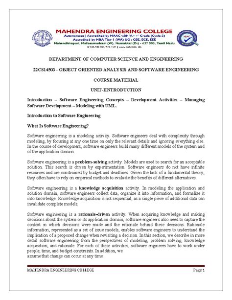 Unit I Notes DEPARTMENT OF COMPUTER SCIENCE AND ENGINEERING CS OBJECT ORIENTED