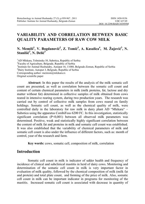 Pdf Variability And Correlation Between Basic Quality Parameters Of Raw Cow Milk