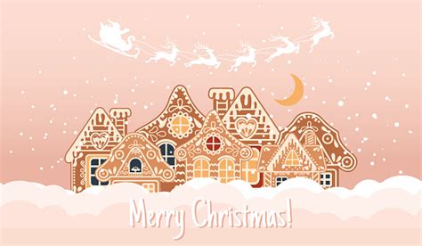 귀여운 진저 브레드 하우스 순록과 밤하늘이있는 산타가있는 겨울 풍경 메리 크리스마스 인사말 카드 템플릿입니다 진저브레드 하우스에 대한 스톡 벡터 아트 및 기타 이미지