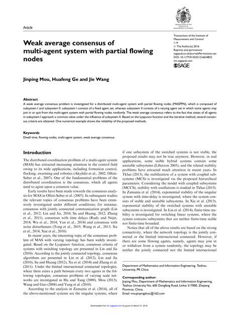Pdf Weak Average Consensus Of Multi Agent System With Partial Flowing Nodes