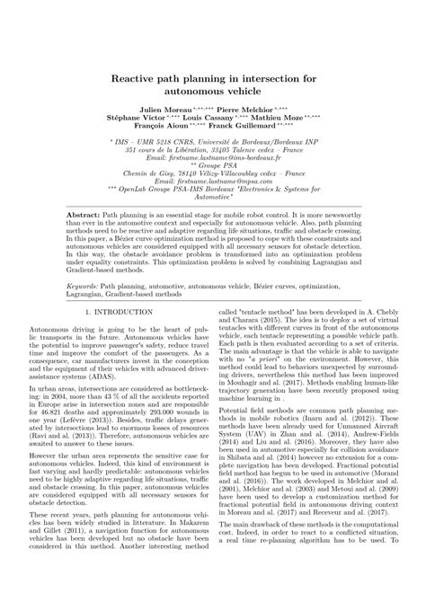 pdf reactive path planning in intersection for autonomous vehicle