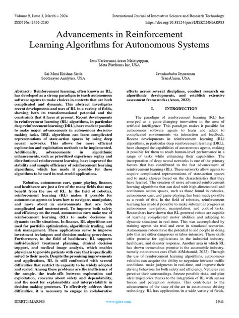 Advancements In Reinforcement Learning Algorithms For Autonomous