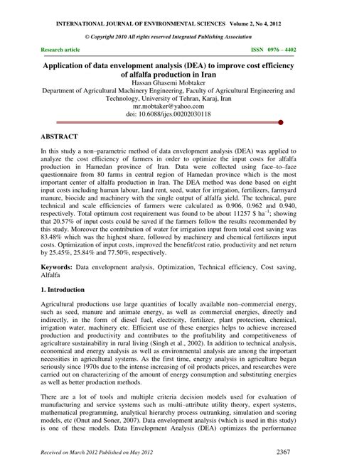 Pdf Application Of Data Envelopment Analysis Dea To Improve Cost