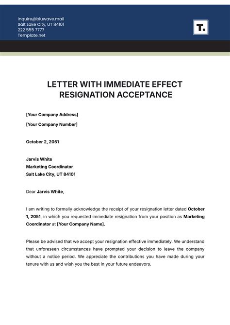 Free Letter With Immediate Effect Resignation Acceptance Template To