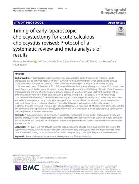 Pdf Timing Of Early Laparoscopic Cholecystectomy For Acute Calculous Cholecystitis Revised