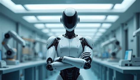 Advanced Robot Stands In Futuristic Lab With Crossed Arms Ai Powered