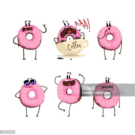 재미 있는 분홍색 유약 도넛 캐릭터 세트 만화 벡터 일러스트 레이 션 귀여운에 대한 스톡 벡터 아트 및 기타 이미지 귀여운 낙서 드로잉 도넛 Istock