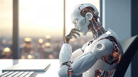 3d Rendering Android Robot Thinking In Office Generative Ai Premium