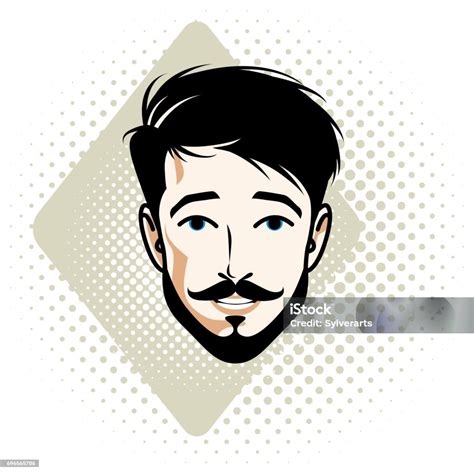 콧수염과 수염 긍정적인 얼굴 기능 클립 아트와 잘생긴 Brunet 남성 얼굴의 벡터 그림 갈색 머리에 대한 스톡 벡터 아트 및 기타 이미지 Istock