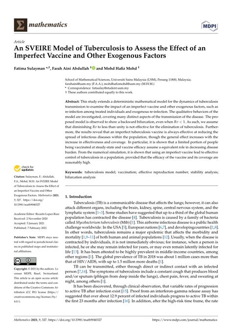 Pdf An Sveire Model Of Tuberculosis To Assess The Effect Of An Imperfect Vaccine And Other