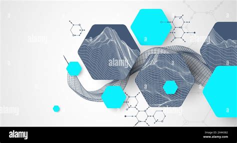 Scientific And Technological Background Wireframe Wave With Hexagons Of Different Types On A