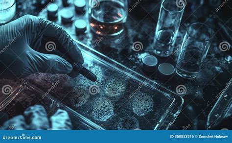 Forensic Examination Of Fingerprints Close Up In Dark Laboratory Setting For Investigation