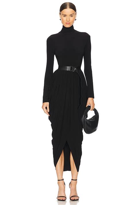 Norma Kamali Long Sleeve Turtleneck Waterfall Dress In Black Revolve
