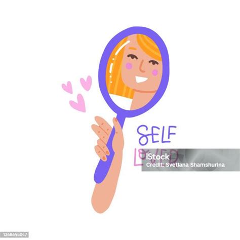 미소 짓는 여성의 얼굴 반사와 함께 거울을 들고 손을 잡고 자기 수용과 자기 사랑의 개념 정신 건강의 평평한 손으로 그린 벡터