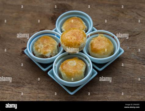 A Traditional Asian Pastry Or Tao Sor On Rustic Wooden Table Chinese