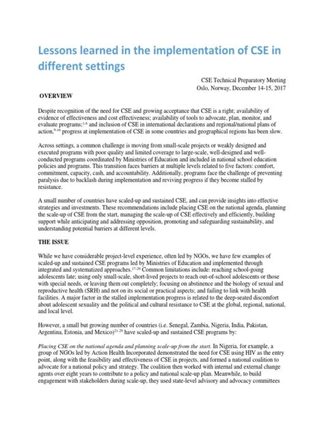 Lessons Learned In The Implementation Of Cse In Different Settings