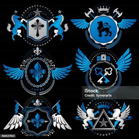 벡터 고급 문장 학 팔의 외 투입니다 컬렉션의 Blazons 빈티지 디자인 양식에 일치 시키는 그래픽 요소 로얄 크라운 및 플래그 별 타워를 사용 하 여 만든 병기 종교