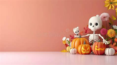 A Cute 3d Cartoon Skeleton Dancing With A Pumpkin Halloween Stock Illustration Illustration