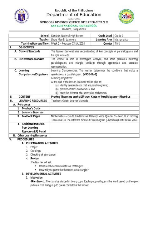 Sldp 5 Theorems Rhombus Republic Of The Philippines Department Of Education Region I Schools