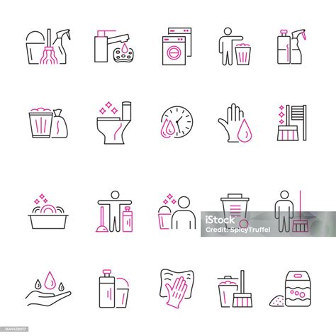 가정용 청소 서비스 메이드 아이콘입니다 헝겊과 장갑과 같은 더 깨끗한 장비 세제 병 빨래 물티슈 세탁기 시간 앱 비누 스펀지 벡터 하우스키핑 개요 픽토그램 세트 가사